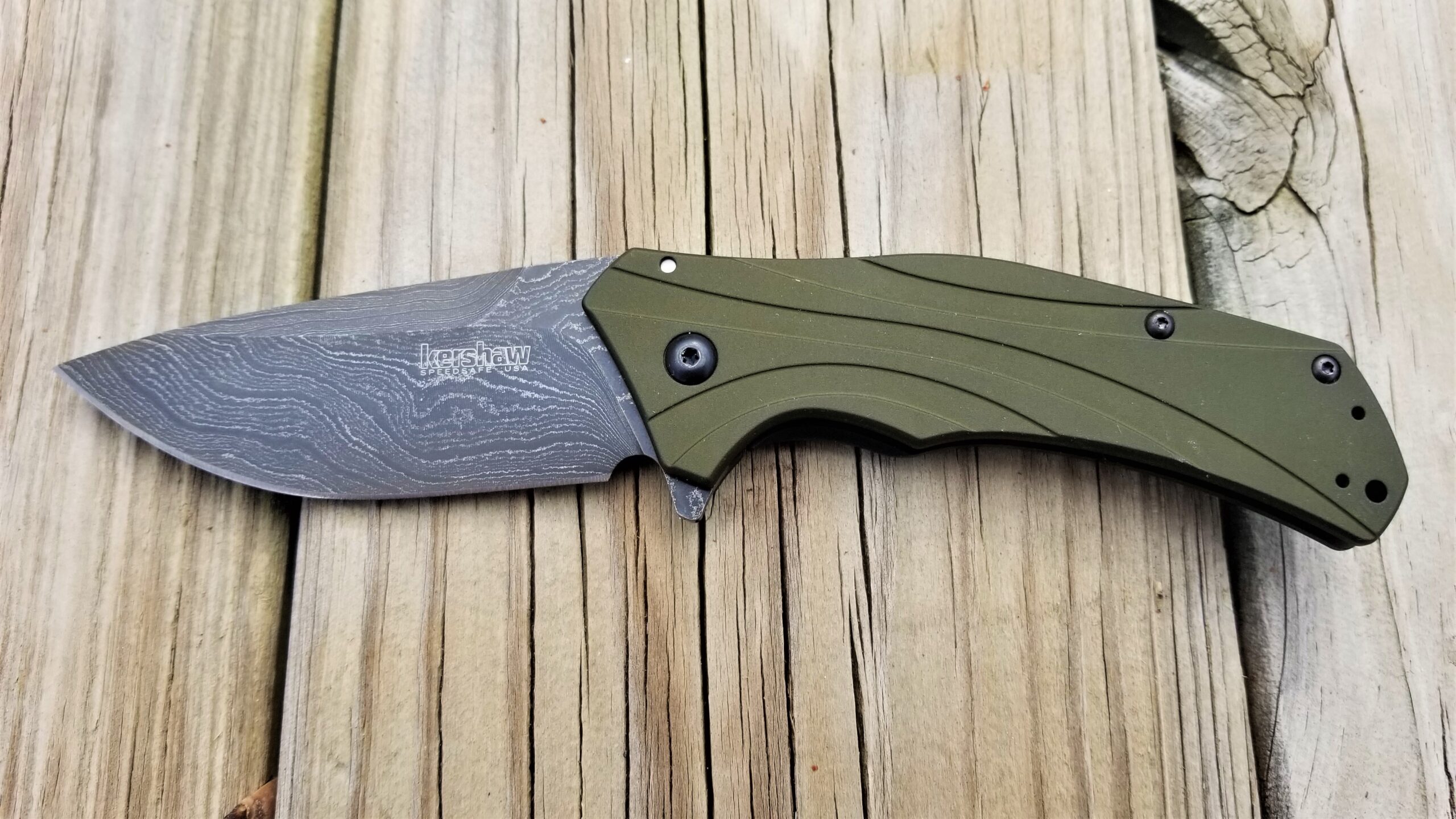 The Kershaw Knockout Folder With A Damascus Blade - Wow!! - Ronin's Grips
